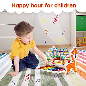 NUKied 4-in-1 Kids Baby Activity Cube Toys, Wooden Activity Center with Abacus Bead Maze Xylophone Clock Kids Toys, Developmental Educational Learning Toys for for 1 2 3 Years Old Girls Boys