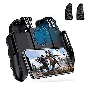 4 Trigger Mobile Game Controller with Cooling Fan Adjustable Stand for PUBG/Fotnite 6 Finger Operation GAMR or L1R1 L2R2 Gaming Grip for 4.7-6.5" iOS Android Phone