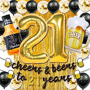 21st Birthday Decorations for Him, 21st Birthday Decorations with 40 Inch Gold 21 Number Balloons, Cheers to 21 Years Banner,Fringe Curtains and Cups Foil Balloons