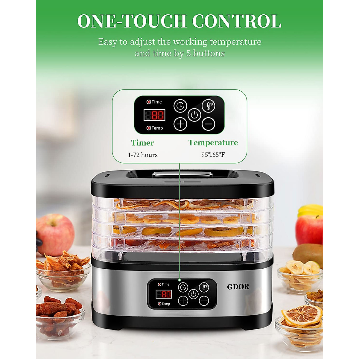 GDOR Food Dehydrator Machine with Adjustable Temperature & 72H Timer, 5-Tray Dehydrators for Food and Jerky, Fruit, Dog Treats, Herbs, Snacks, LED Display, 240W Electric Food Dryer with Recipe Book