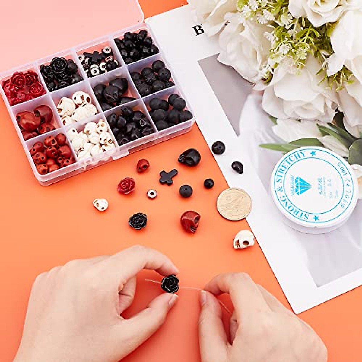 arricraft 203 Pcs Skull Gemstone Beads Kits, Natural Lava Rock Synthetic Turquoise Cross Beads Flower Rose Beads and Tibetan Style Beads for Jewelry Making Bracelets Necklaces DIY Crafts