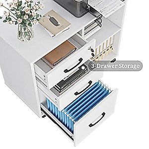 3 Drawer Office File Cabinets, Mobile Lateral Printer Stand with Open Storage Shelf, Rolling Filing Cabinet with Wheels Home Office Organization and Storage (White)