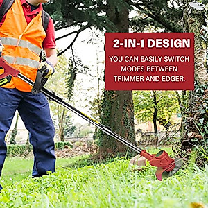 HUDAEN Cordless Grass Trimmer Weed Wacker, 3-in-1 String Trimmer Lawn Edger with 21V 2Ah Li-ion Battery for Garden and Yard with Wheel, Lightweight Adjustable Height Weed Eater Tool (Red)