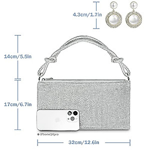 Rhinestone Hobo Bag for Women Chic Sparkly Evening Handbag Clutch Bag Shiny Purse for Party Club Wedding with Earrings