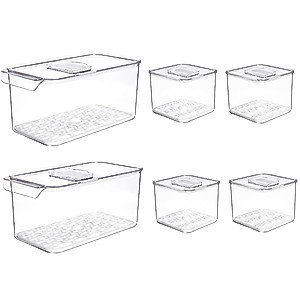 SANNO Produce Saver Containers for Refrigerator, Containers Produce Saver Produce - Stackable Refrigerator Kitchen Organizer Keeper Bin, with Removable Drain Tray,set of 6
