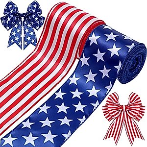 2 Rolls 20 Yard Red White and Blue Ribbon Patriotic Star and Striped Wired Ribbon Royal Blue USA Ribbon DIY Crafts for 4th of July, Independence Day, Memorial Day (Red, White, Blue, 2.5 Inch)