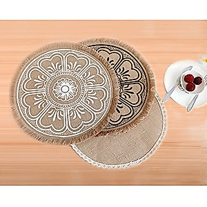 Round Burlap Woven Placemats Set of 6 15-Inch Jute Table Mats with Fringe Pompom Reusable Boho Farmhouse Rustic Place Mats for Parties Weddings Holiday Farmhouse Coffee Bar Decor (Style 5)