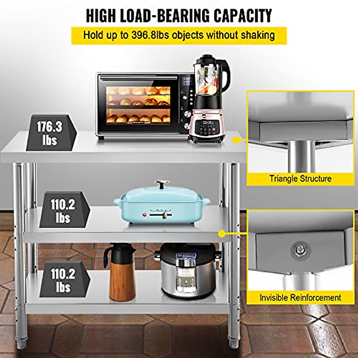 VEVOR Outdoor Food Prep Table, 48x14x33 in Commercial Stainless Steel Table, 2 Adjustable Undershelf BBQ Prep Table, Heavy Duty Kitchen Work Table, for Garage, Home, Warehouse, and Kitchen Silver