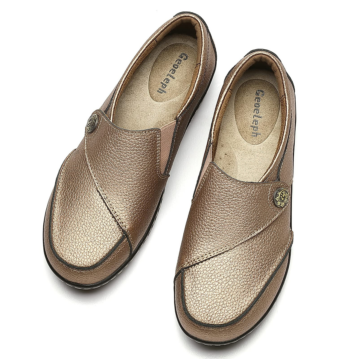 Geoeleph Women's Gold Loafers Casual Slip-Ons Comfort Walking Flats Leather Driving Moccasins 8 M US