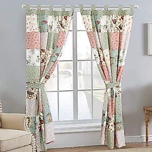 Cozy Line Home Fashions Peachy Floral Vine Country Cottage Flower Garden Patchwork Straight Rod Pocket Drapes (2 Piece) with Tie Backs Window Curtain Panel, Multi-Color, Pink, Blue, Green, Yellow
