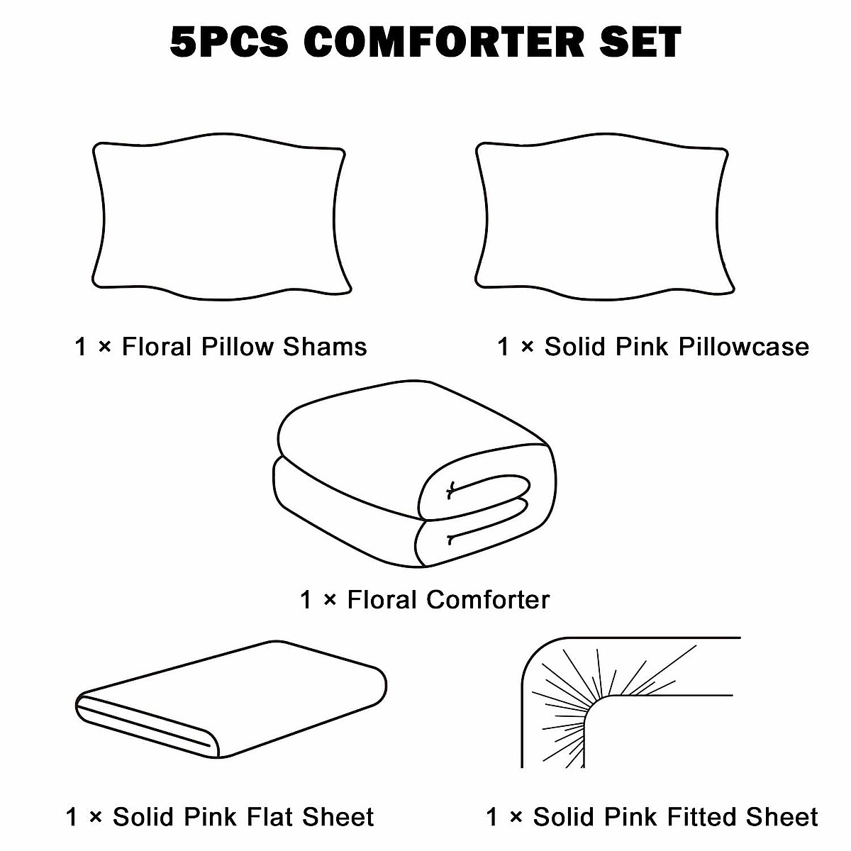 5 Pcs Twin Size Comforter Set with Sheets, Pink White Floral Pattern Printed Preppy Decor Reversible Bed Sets - 68 x 90 Soft Microfiber Flower Duvet Cottage Vintage Bedding in a Bag for Women Girls