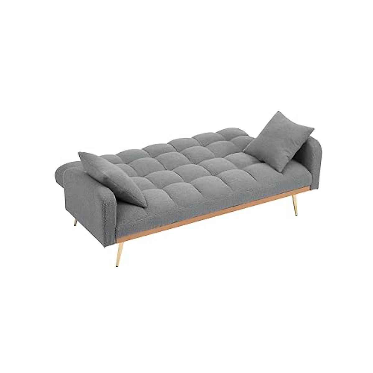Verfur Teddy Fleece Upholstered Modern Convertible Futon Adjustable Folding Sofa Bed, Recliner Sleeper Loveseat Couch with Metal Golden Legs and Throw Pillows for Living Room, Office,Bedroom