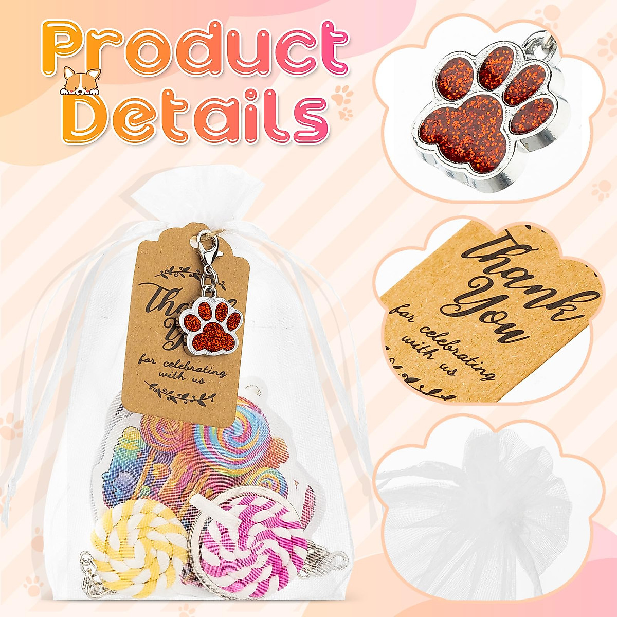 Ecation Dog Paw Party Favors Set Include Dog Keychain Organza Bags Thank You Kraft Tags Puppy Party Decorations for Birthday Party Decorations Reward Supplies(148 Pcs)