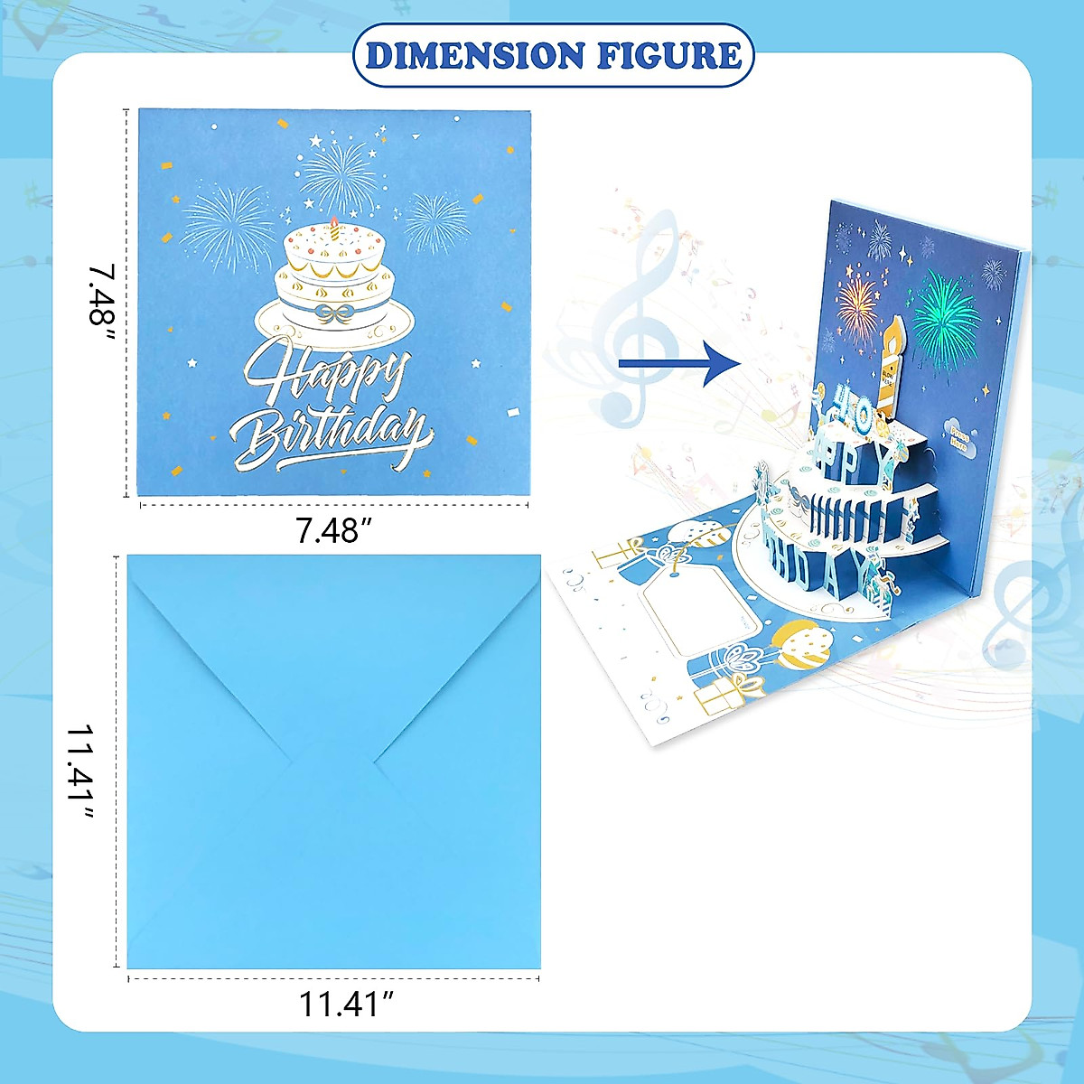 DTESL 40th Musical Birthday Cards with Light and Music, Blowable, 3D Birthday Popup Cards for Men & Women– Plays Hit Song 'HAPPY Birthday' (40th)