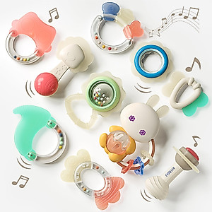 Evoceler Baby Toys 0-3-6-12 Months, 10 Pcs Baby Rattles and Teethers 0-3 0-6 6 to 12 Months, Easy to Grasp Teething Toys, BPA Free Newborn Toys, Baby Boy Girl Gifts, Baby Shower Gifts with Storage Box