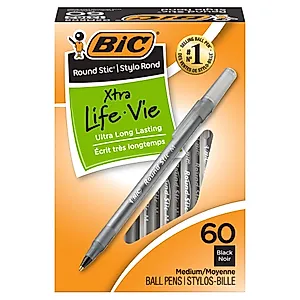 BIC Round Stic Xtra Life Ballpoint Pens, Medium Point (1.0mm), Black, 60-Count Pack, Flexible Round Barrel For Writing Comfort (GSM609-BLK)