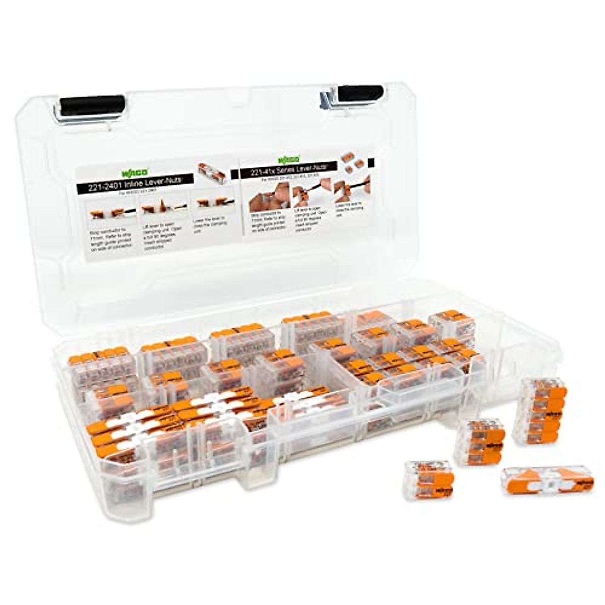 WAGO 221 Lever Nuts 90pc Compact Splicing Wire Connector Assortment with Case. Includes (25x) 221-2401, (25x) 221-412, (25x) 221-413, (15x) 221-415