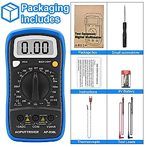 Digital Multimeter AP-838L Manual Range AC DC Amp Multimeter, Electric Tester Ohmmeter with Diode and Continuity Detector, Backlit Display and Insulated Rubber
