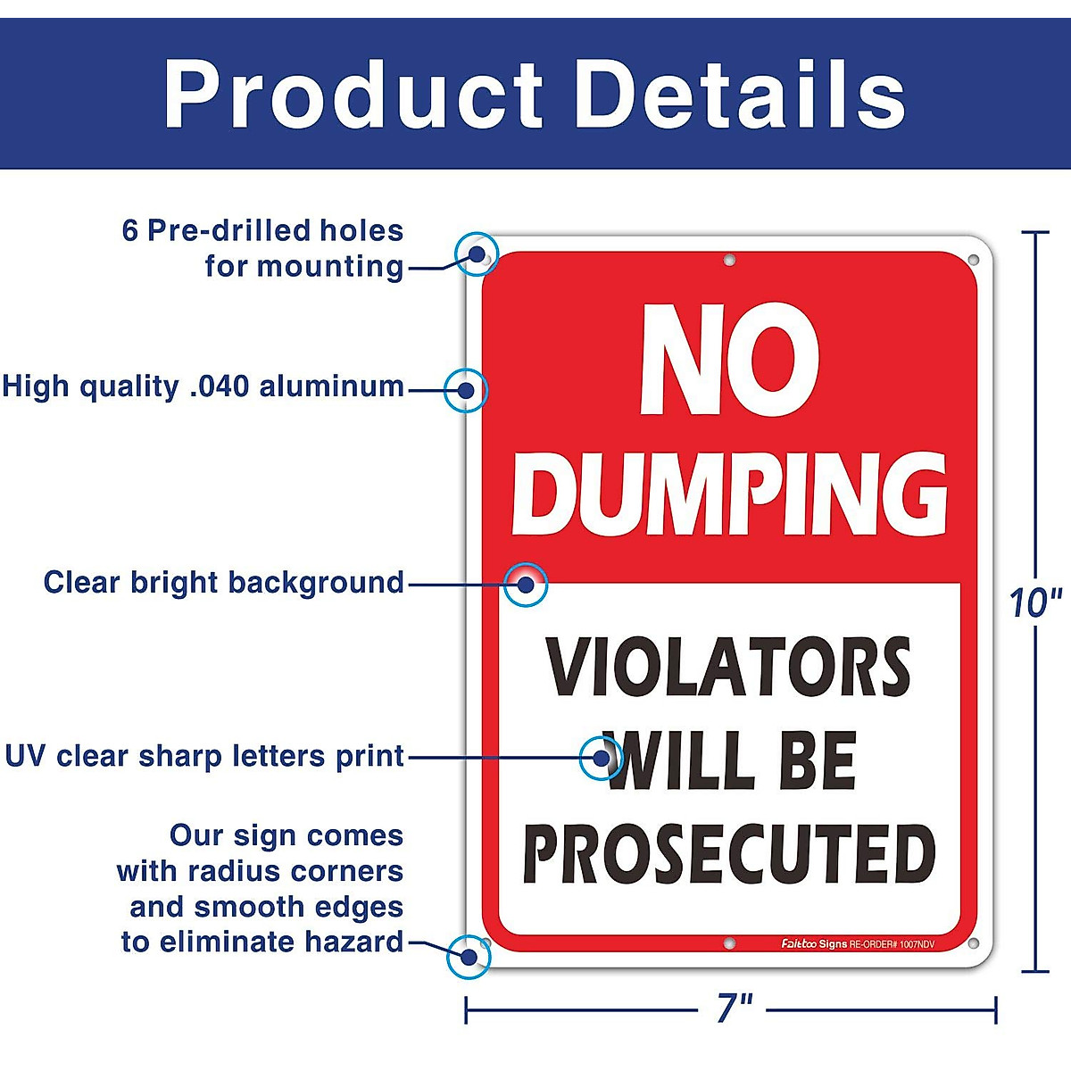 (2 Pack) No Dumping Sign, Violators Will Be Prosecuted Sign, 10" x 7" Rust Free .40 Aluminum, UV Protected, Weather Resistant, Waterproof, Durable Ink，Easy to Mount