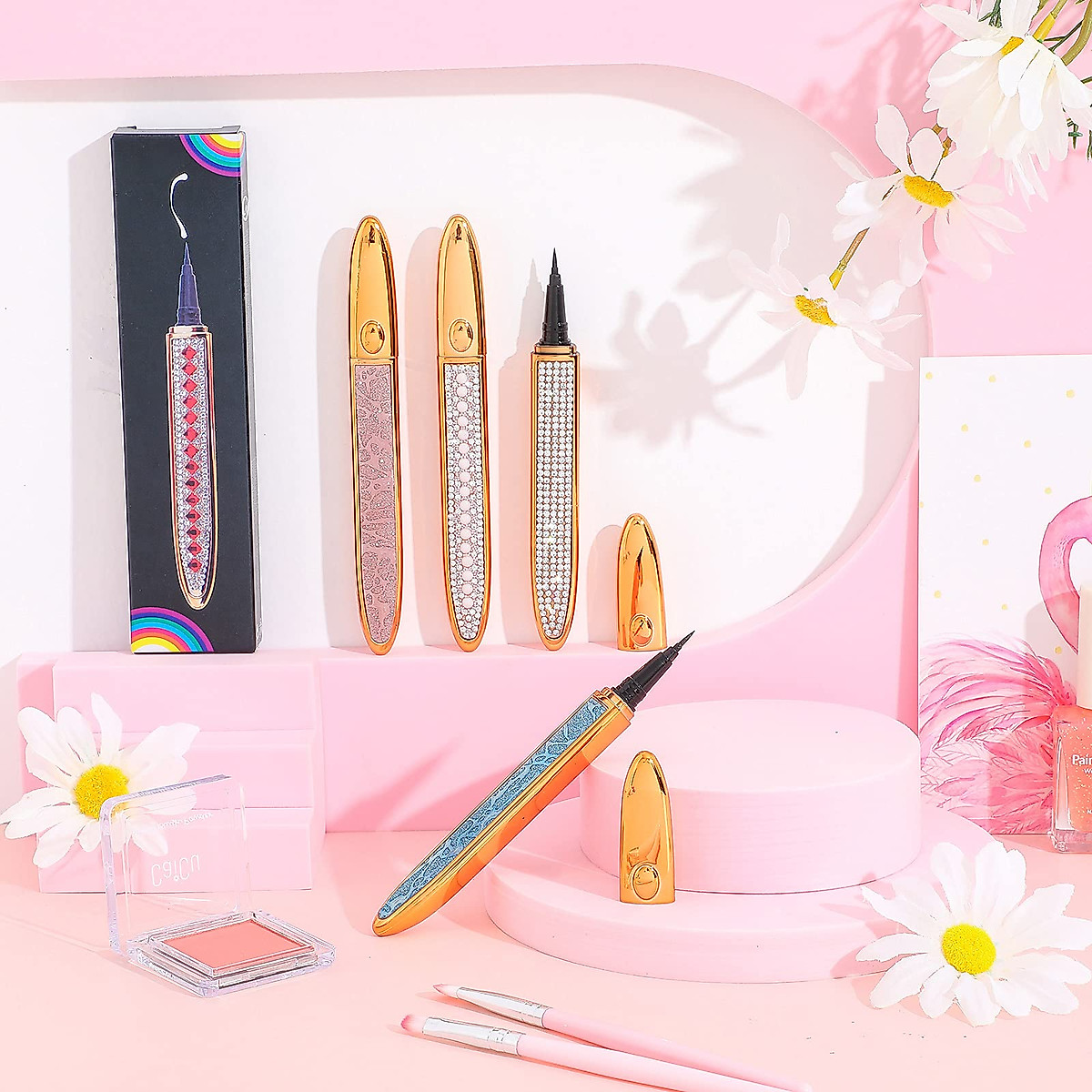 4 Pieces Diamond Self-Adhesive Eyeliner Diamond Eyeliner Liquid Eyeliner 2 in 1 Eye Liner Pen Glitter Eyeliner No Glue, No Magnetic, Waterproof for Women Girls Eye Makeup, False Eyelashes