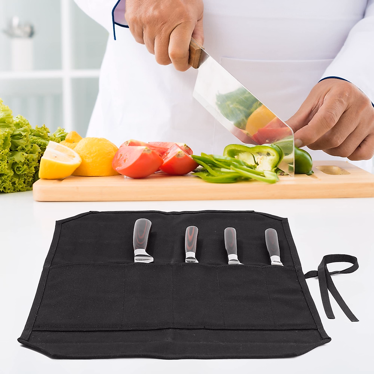 Chef Knife Roll Bag, Knife Bag with 5 Slots, Specialized Cut-Resistant Fabric Lining, Heavy Duty 16oz Waxed Canvas Knife Roll Case | Black | 21"L x 15.5"W