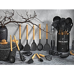 Umite Chef Kitchen Cooking Utensils Set, 33 pcs Non-Stick Silicone Cooking Kitchen Utensils Spatula Set with Holder, Black Wooden Handle Silicone Kitchen Gadgets Utensil Set