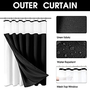 Black Shower Curtain with Snap in Liner Set, Polyester Shower Curtains for Bathroom,Waterproof Shower Curtain with 12 Hooks, Machine Washable, Heavyweight Fabric & Mesh Top Window 72 X 72 Inches