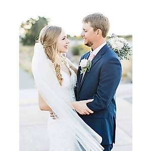 CASDRE Wedding Veil 1 Tier Waist Fingertip Length Bridal Tulle Veils Cut Edge Veil with Comb for Brides (A White)