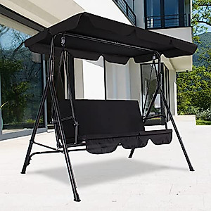 3-Seat Patio Swing Chair,Outdoor Porch Swing with Adjustable Canopy and Durable Steel Frame for Patio, Garden, Poolside (Black)