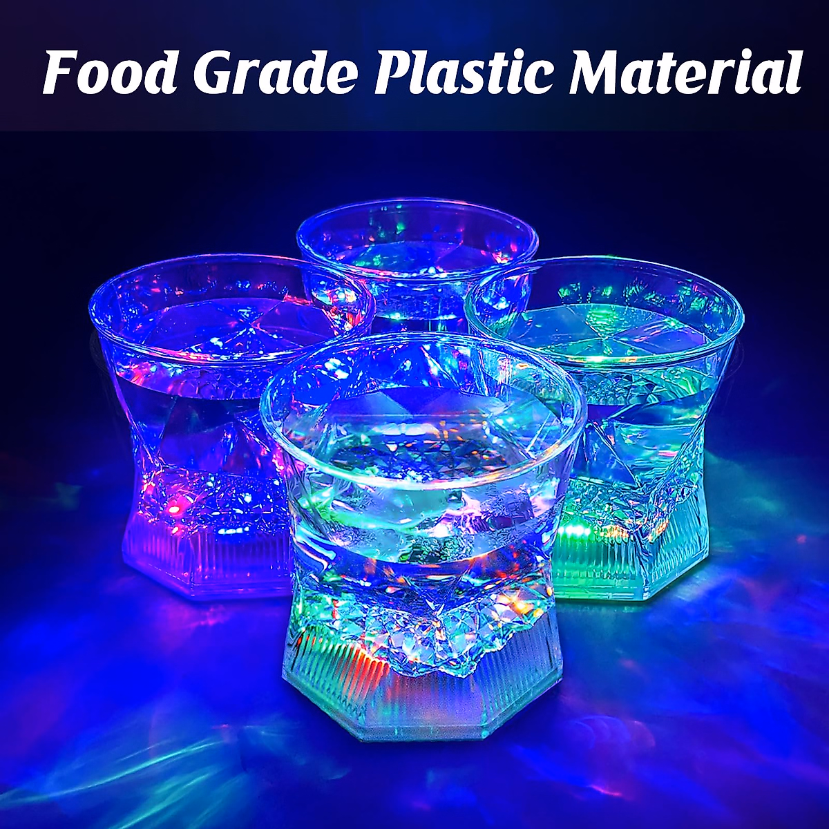 UPZAI LED Old Fashioned Glasses: 10oz Liquid Activated Multicolor Light Up Drinking Tumblers Set of 4 - Plastic Fun Cups for Water Beer Cocktail Whiskey Bar Party