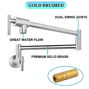 Launceter Pot Filler Faucet, Wall Mount Pot Filler Solid Brass Brushed Nickel Kitchen Faucets, Double Joint Swing Arm Kitchen Sink Pot Filler Faucets, Single Hole with 2 Handles(Brushed Nickel)