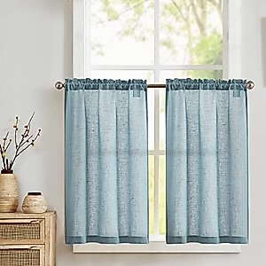 COLLACT Kitchen Curtains Linen Curtain Light Filtering for Bathroom Tier Curtains Sets Short Small Cafe Curtains Rod Pocket Basement Back French Door Half Window Curtains 2 Panels Blue 24 Inch Length