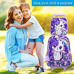 KLFVB Kids Rolling Backpack for Girls, Roller Wheels School Bag with Lunch Bag, Wheeled Sequins School Bookbag for Children - Cat