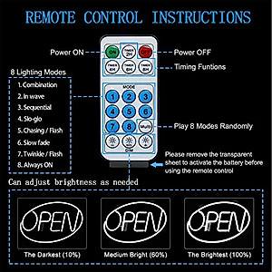 AMEVRGTHS Open Neon LED Sign Light for Business Window, 8 LED Lighting Modes, 16"x 10", Battery/USB Powered with Remote Control Adjustable Brightness for Door Sign Birthday Party Christmas (White)
