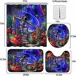 NTETSN Astronaut Fantasy Space Mushroom Fabric 4 PCS Shower Curtain Sets Universe Planet House Castle Green Vine Curtains Sets with Rugs, Toilet Lid Cover, Bath Mat Bathroom Decor SETYYNT7