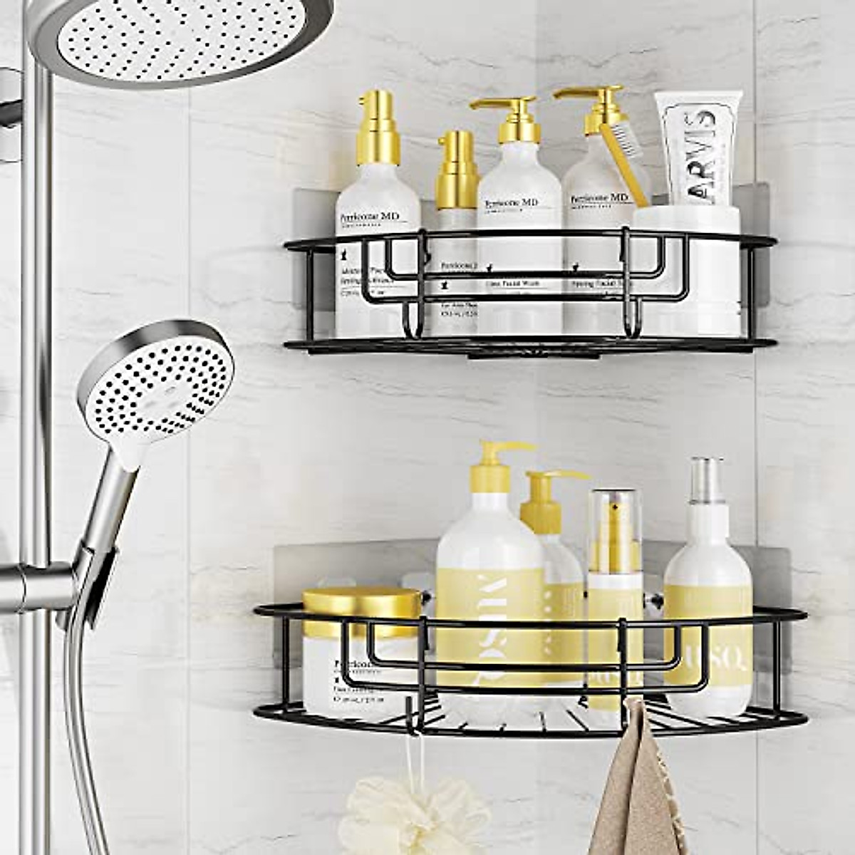 GAAKY Corner Shower Caddy, 3 Pack Corner Shower Shelf with Soap Holder and 4 Hooks, No Drilling Shower Organizer Adhesive Stainless Steel Shower Shelves for Bathroom Storage(Black)