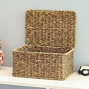 Zerodeko Wicker Storage Basket Rattan Storage Basket with Lid Rectangular Makeup Organizer Container Woven Shelf Baskets Wicker Storage Bins for Organizing Groceries Closet Laundry Room