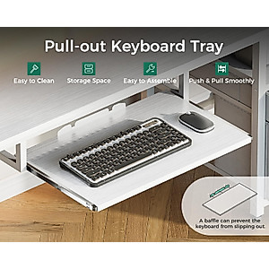 AODK 55" Computer Desk with Fabric File Cabinet and Drawer, Reversible Office Desk with Power Outlet and LED Light, Study Desk with Printer Stand, Keyboard Tray, Full Monitor Riser and PC Stand, White