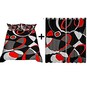 5Pcs Red Grey and Black Duvet Cover Set Full Size & Curtain Set: 1 Duvet Cover + 2 Pillowcase + 2 Panels of 42 W x 63 L inch Each