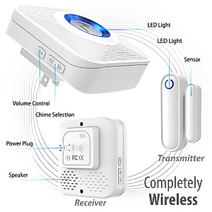 Fosmon WaveLink Wireless Door Chime with 500 Feet Range, 58 Tunes, 5 Volume Levels & LED Indicators for Home/Business/Office (1 Receiver + 2 Sensors)