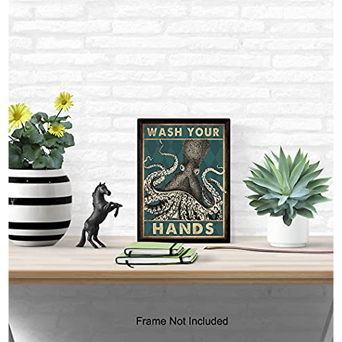 Octopus Nautical Bathroom Wall Art & Decor - Funny Beach Bathroom Decor - Bath Wall Decor - Cute Unique Bathroom Pictures Decorations Poster - Wash Your Hands Sign - Guest Bathroom - Powder Room