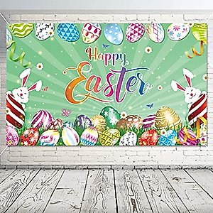 JOZON Happy Easter Backdrop Banner 71 x 43 Inch Large Size Easter Colorful Eggs Background Banner with Easter Eggs Bunny Easter Hunt Game Party Decorations Spring Easter Photo Booth Props