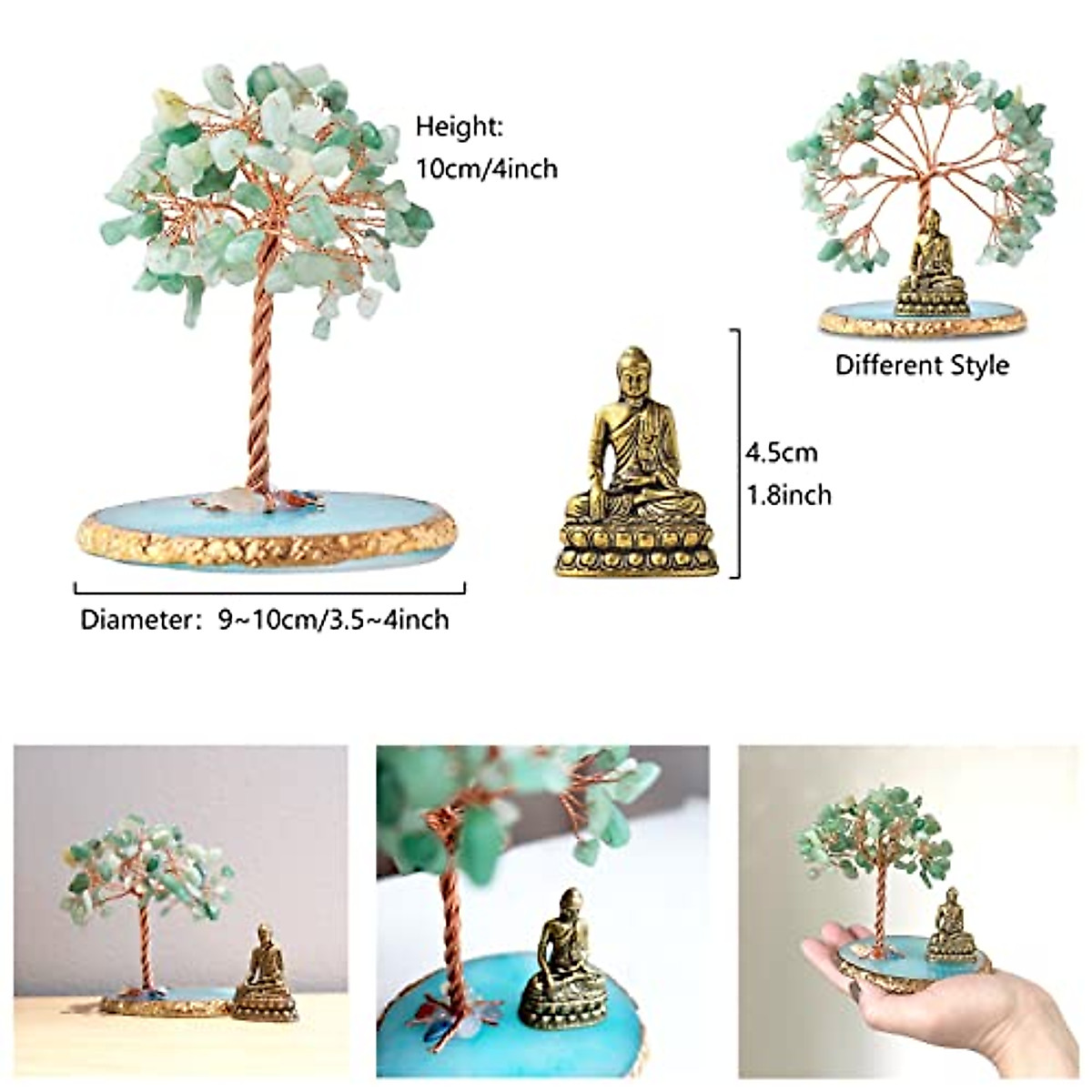 CRUCISRESIN Buddha Statue with Healing Crystal Tree, Tree of Life for Positive Energy. Home Decor Yoga Meditation. Green.(B)