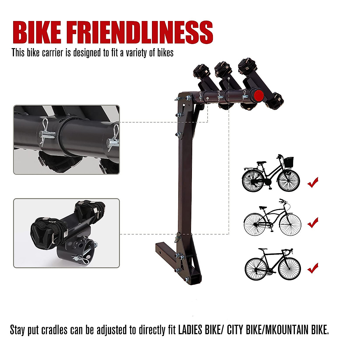 3-Bike Racks for 2 inch Hitch - Bicycle Carrier Racks Adjustable Cradles for All Bike with/Without Cross-Bar