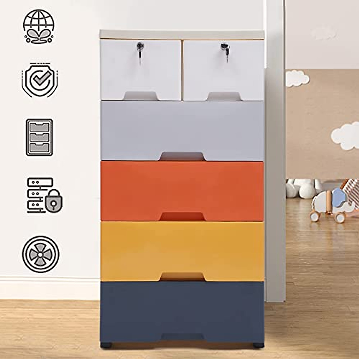 DYRABREST Plastic Dresser Storage Tower, Vertical Clothes Storage Tower Drawers Organizer, Modern Deluxe Closet Drawers Organizer with Wheels for Bedroom Furniture,Home, Office (Type2 with Locks)