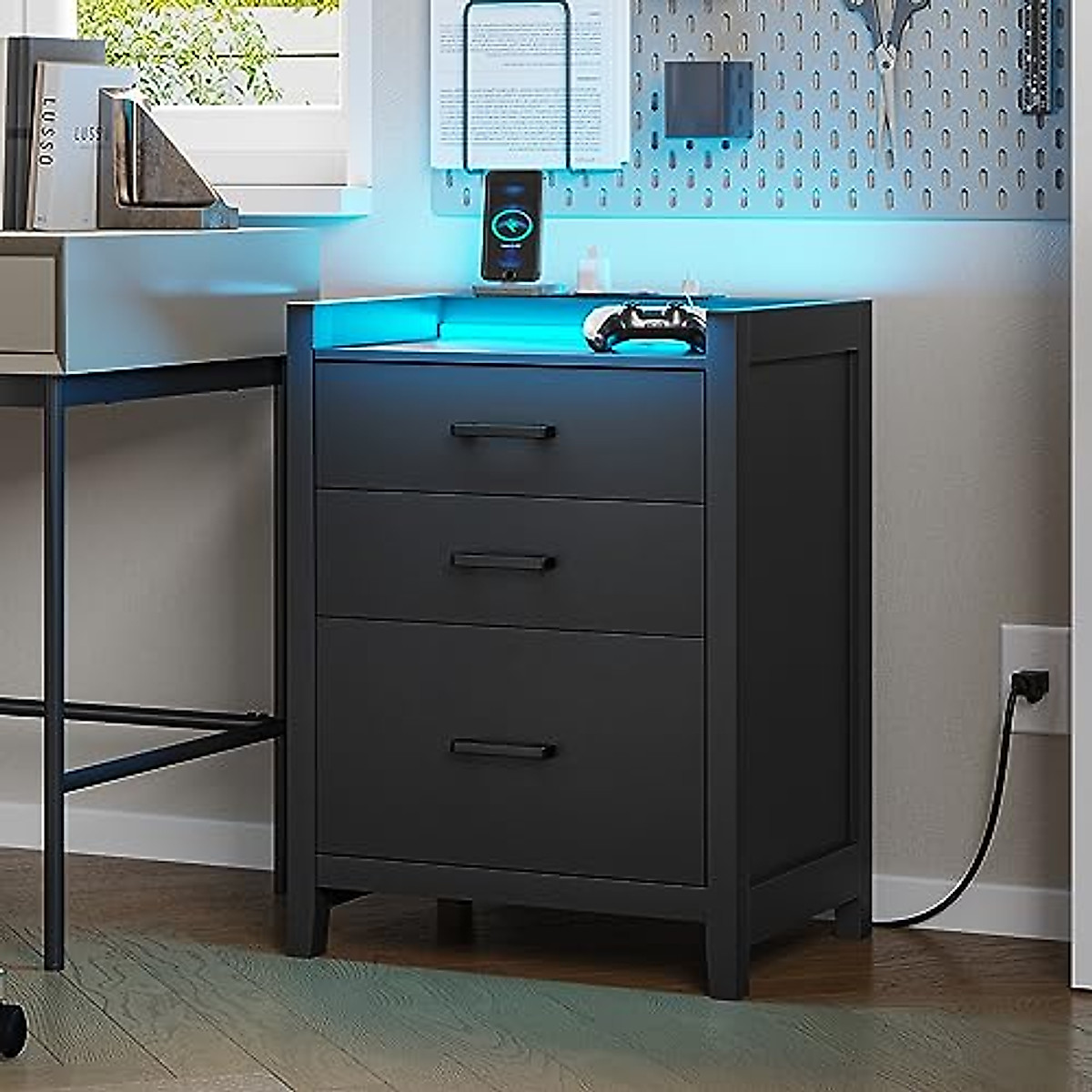 EPHEX Nightstands Set of 2, LED Nightstand with Charging Station, End Side Table with 3 Drawers, Modern Night Stand Bedside Table for Bedroom, Black, NSL03