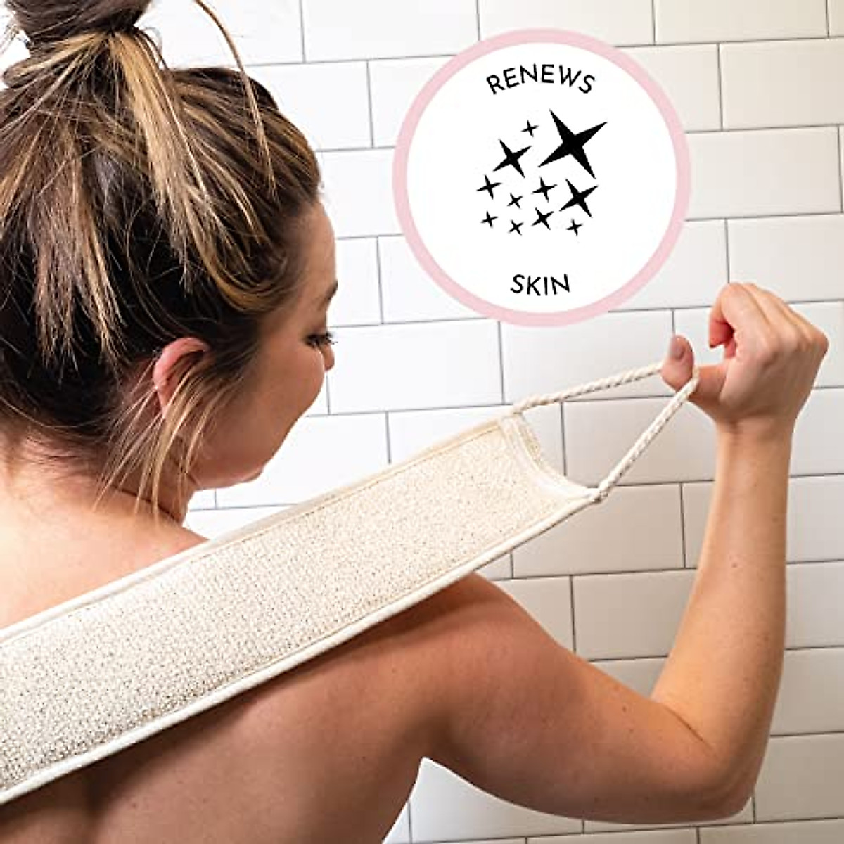 S&T INC. Dual Textured Exfoliating Back Scrubber for Shower, Body Exfoliator with Handles, Back Scratcher, 28 in x 3.5 in, Cream