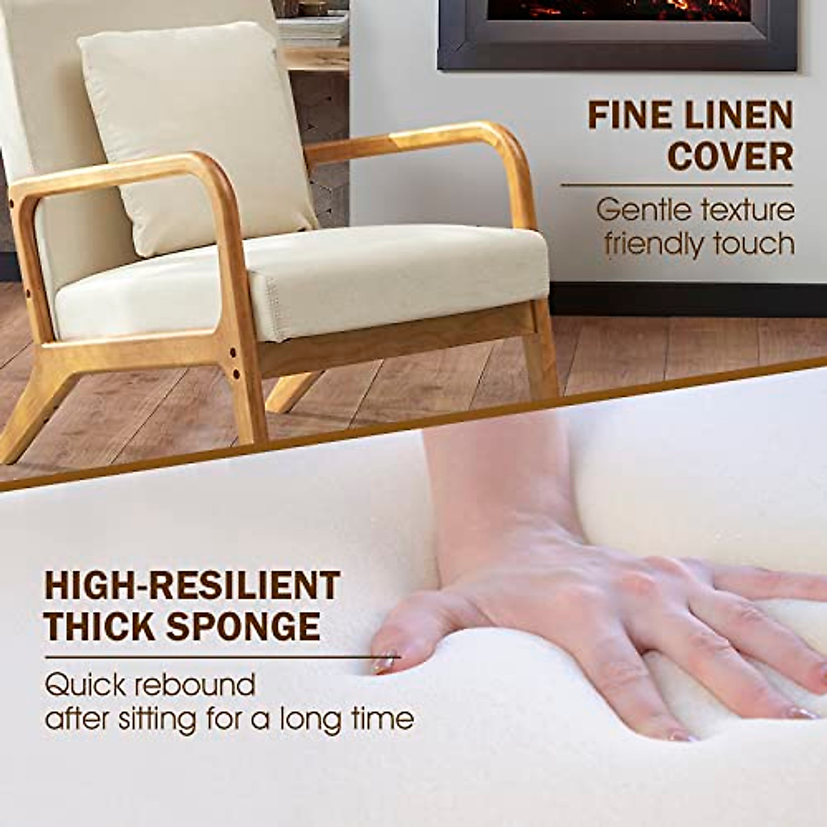ELUCHANG Mid-Century Modern Chair,Accent Chair with Lumbar Pillow,Upholstered Armchair,Linen Fabric Comfy Reading Chair, Lounge Side Chair for Living Room Bedroom Apartment,Easy Assembly(Beige,2pcs)