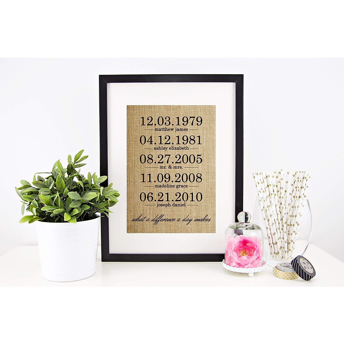 Personalized Gifts for Women, Wedding, Anniversary, Engagement, or Birthday Gift: What a Difference a Day Makes Burlap Print (UP TO 20 NAMES & DATES!)