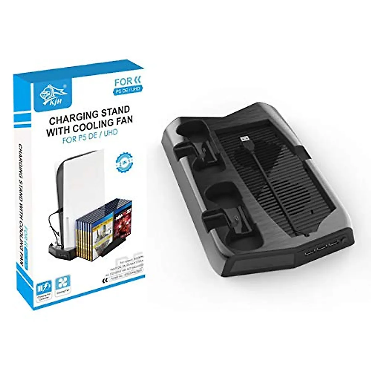 Vertical Stand with Cooling Fan Station Charging Dock, for PS5 Console and PS5 Digital Edition with 3 USB Hubs, 2 DualSense Controller Charging Dock